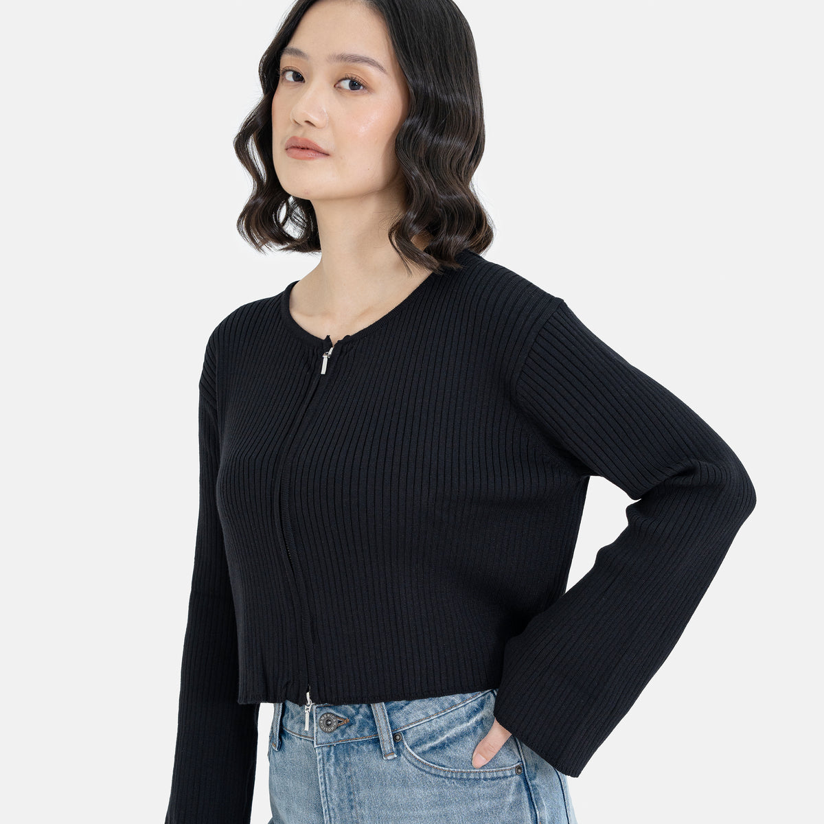 Jual Cardigan Wanita Modis - Honoka Double Zip Knit Cardigan - Black ...